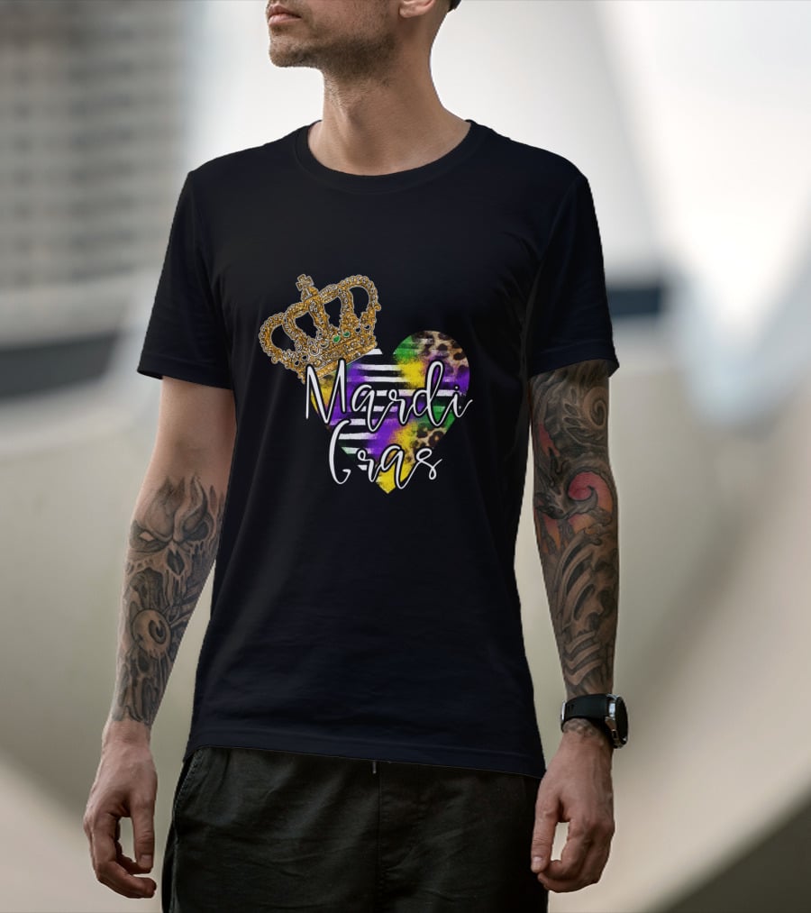 Mardi Gras Crown Heart Leopard Stripes T-Shirt