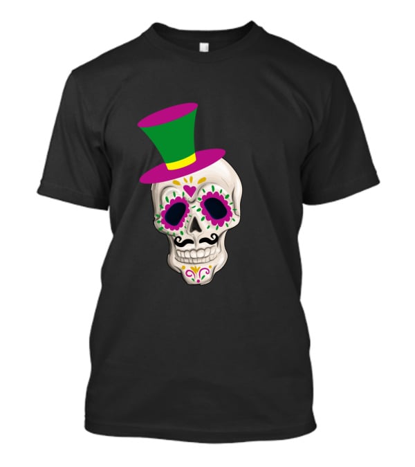 Mardi Gras Day Colorful Male Skull With Green And Pink Hat T-Shirt
