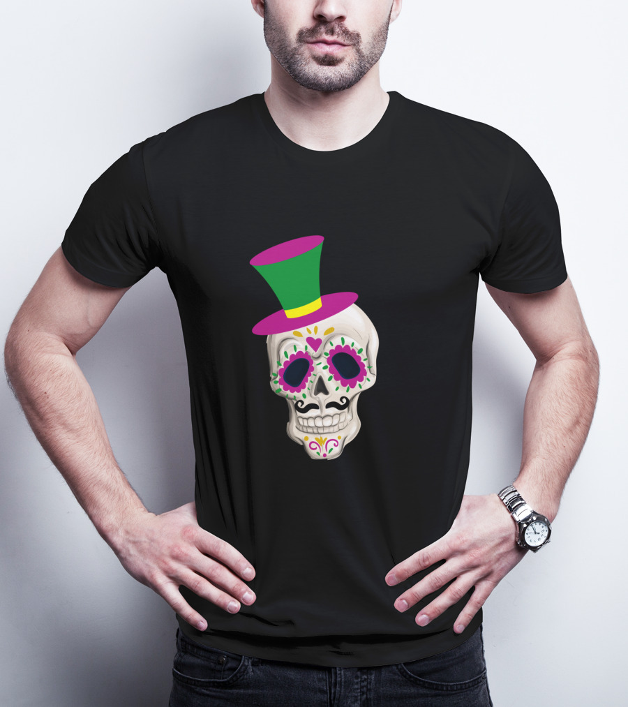 Mardi Gras Day Colorful Male Skull With Green And Pink Hat T-Shirt