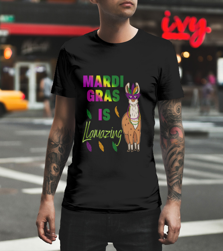 Mardi Gras Is Llamazing Colorful Llama With Mask And Feathers T-Shirt