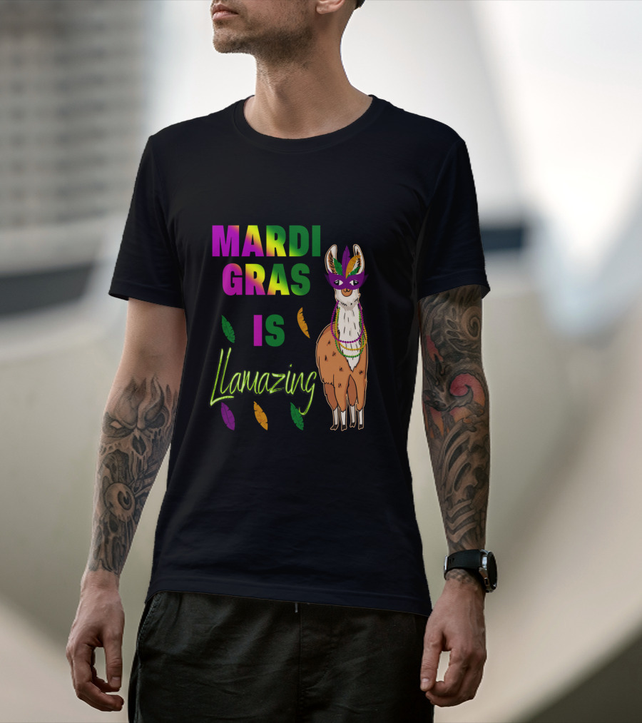 Mardi Gras Is Llamazing Colorful Llama With Mask And Feathers T-Shirt