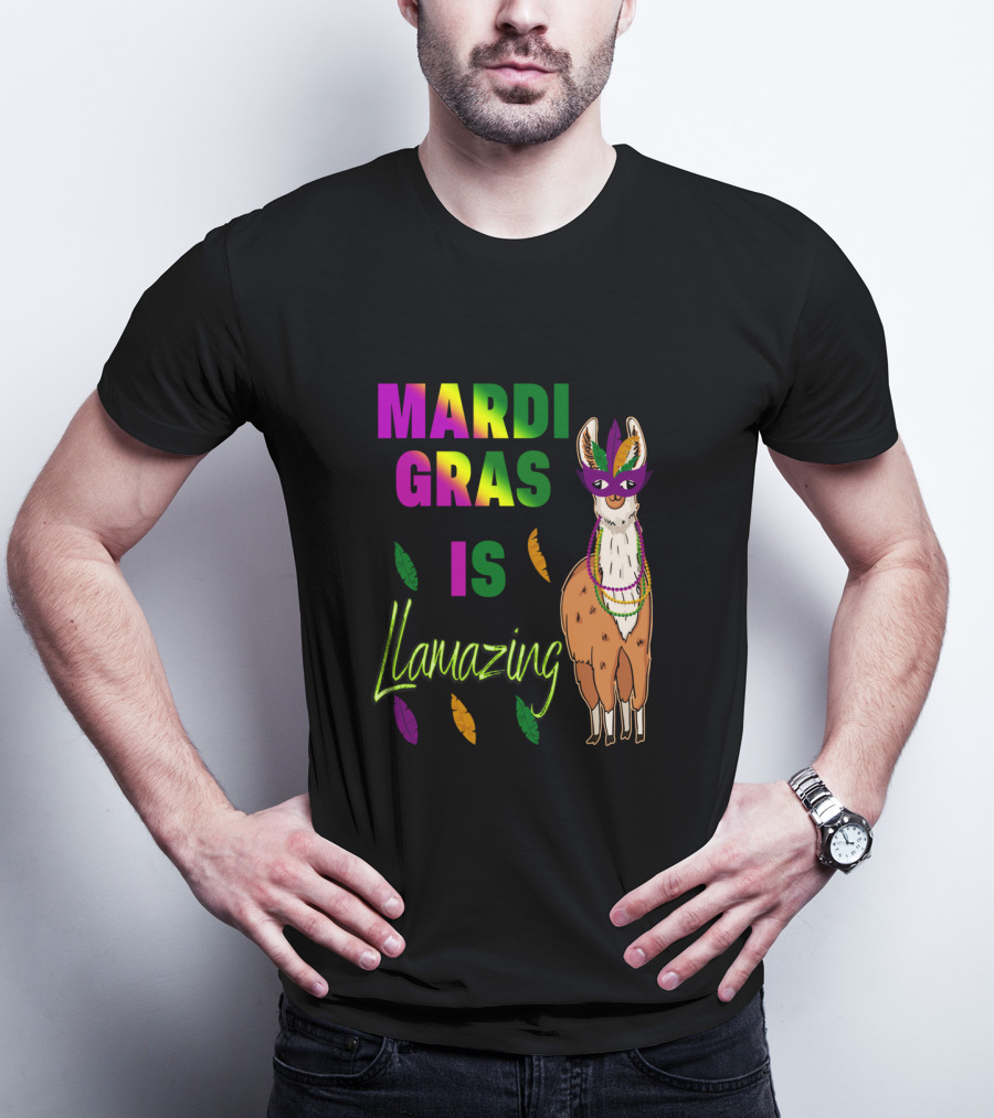 Mardi Gras Is Llamazing Colorful Llama With Mask And Feathers T-Shirt