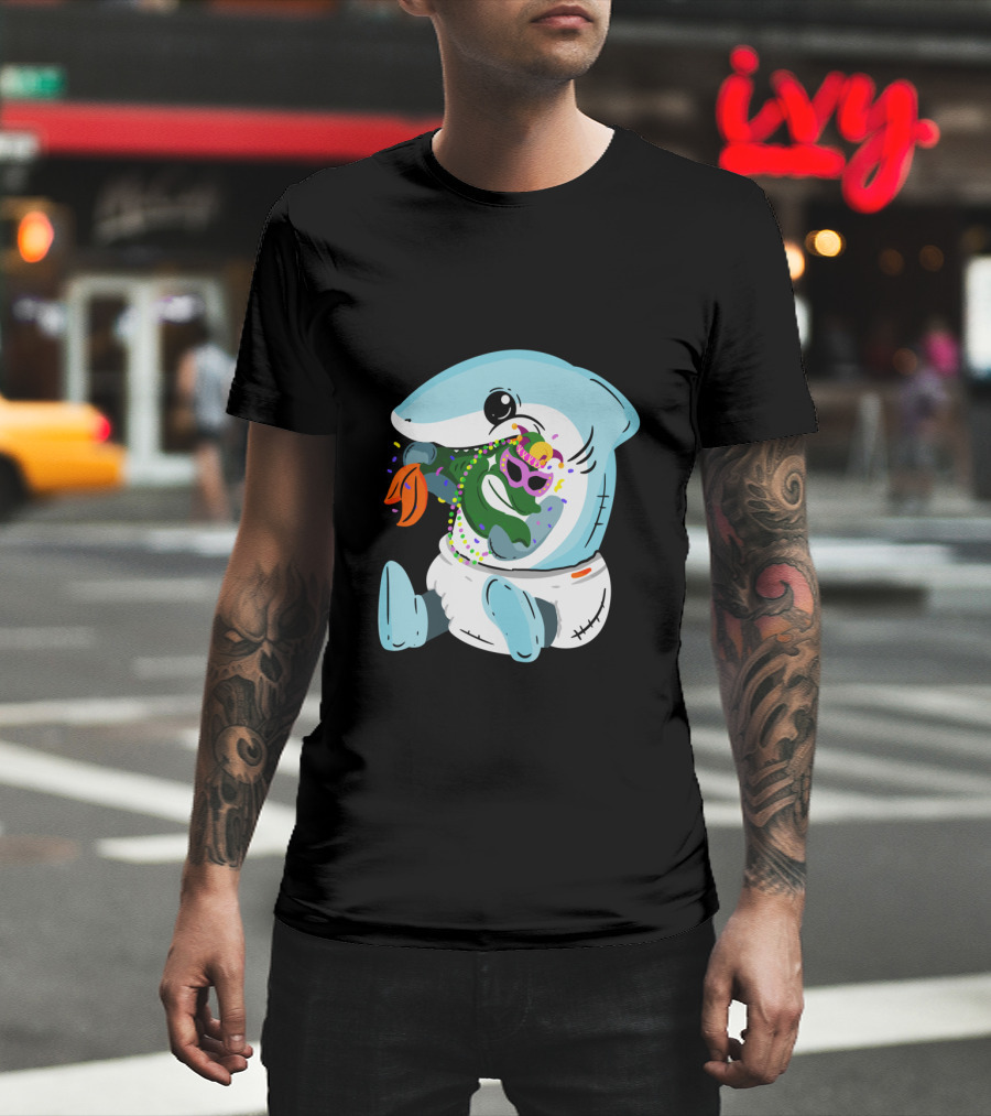 Mardi Gras Shark Baby Eating Bead-Covered Fish T-Shirt