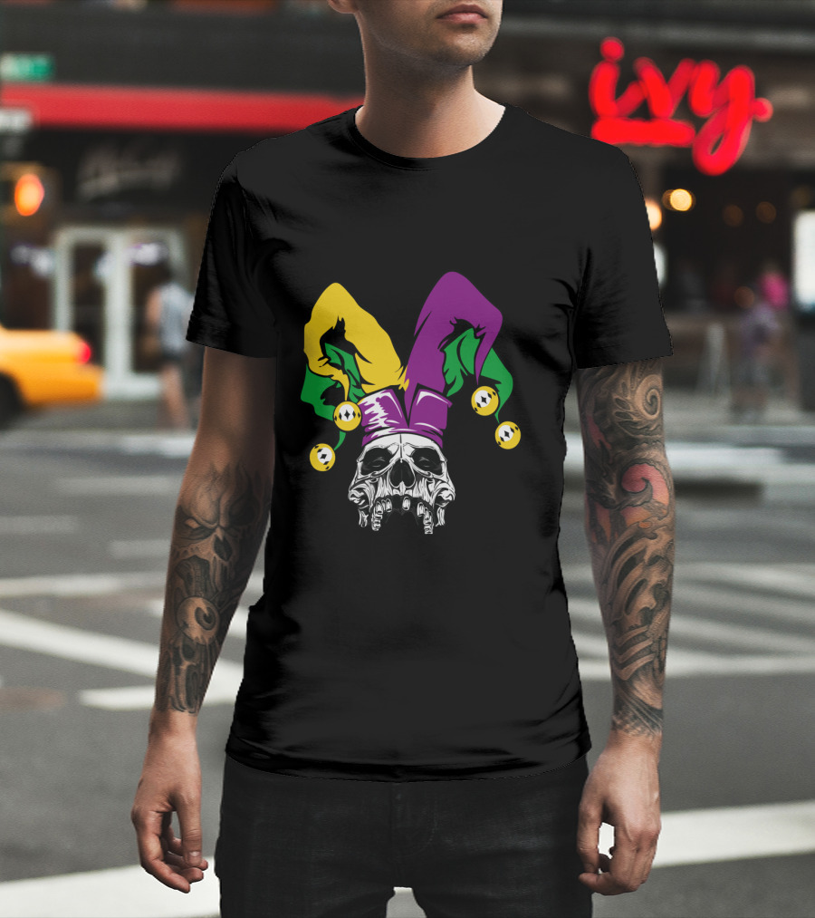 Mardi Gras Skull Jester Hat Purple Green Yellow T-Shirt