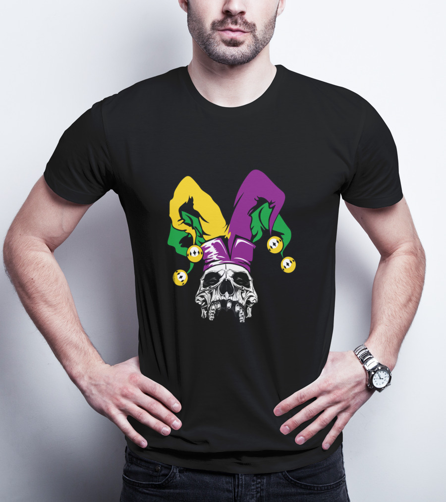 Mardi Gras Skull Jester Hat Purple Green Yellow T-Shirt