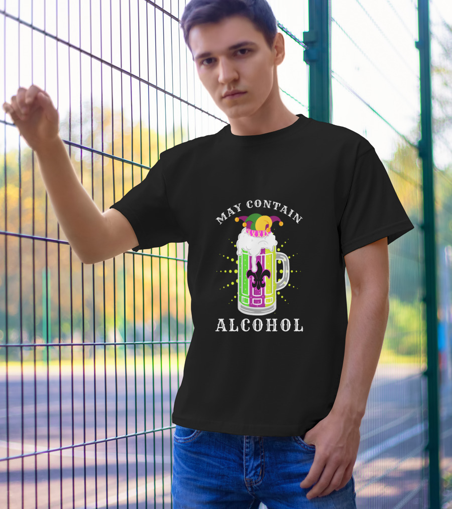 May Contain Alcohol Mardi Gras Jester Hat Beer Mug Fleur-de-Lis T-Shirt