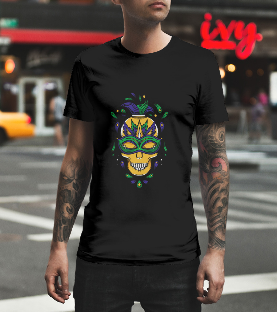 Mardi Gras Skull Jester Mask With Feathers And Colors T-Shirt