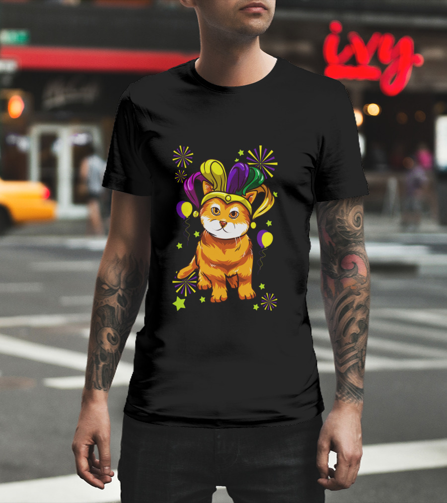 Mardi Gras Cat Lovers Jester Hat Festive Cat T-Shirt