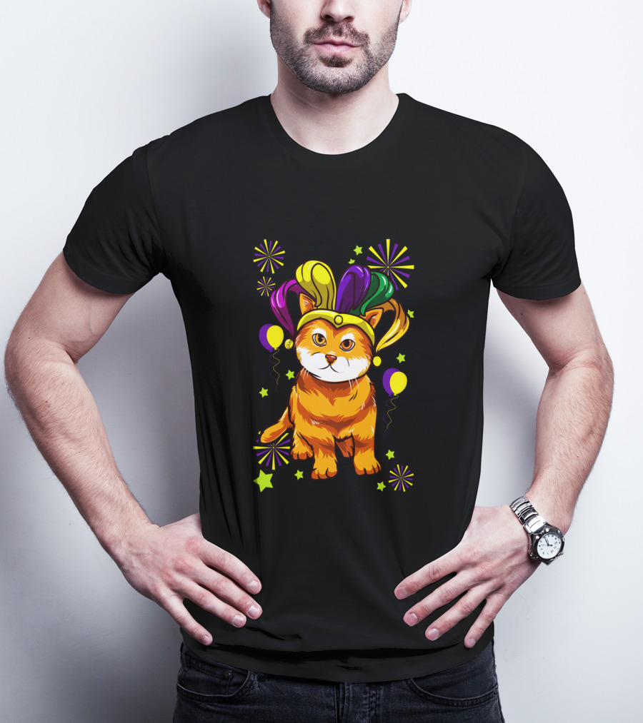 Mardi Gras Cat Lovers Jester Hat Festive Cat T-Shirt