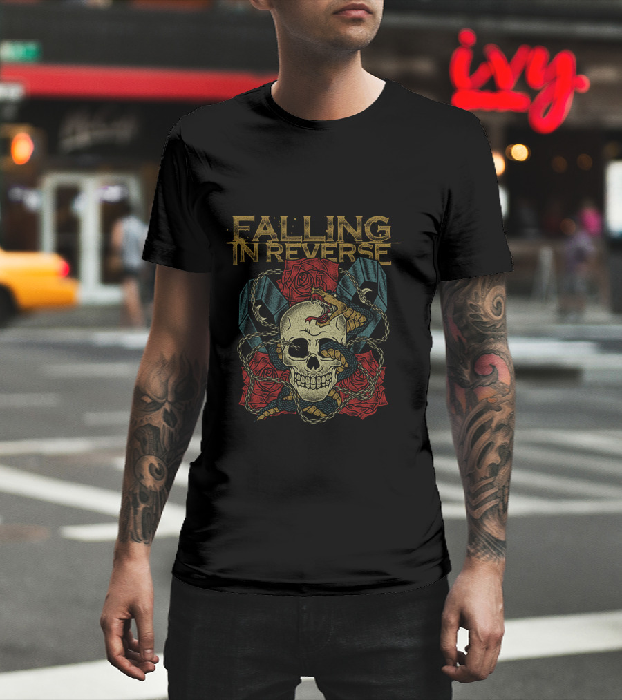 Falling In Reverse Skull Snake Roses Coffins Merchandise T-Shirt