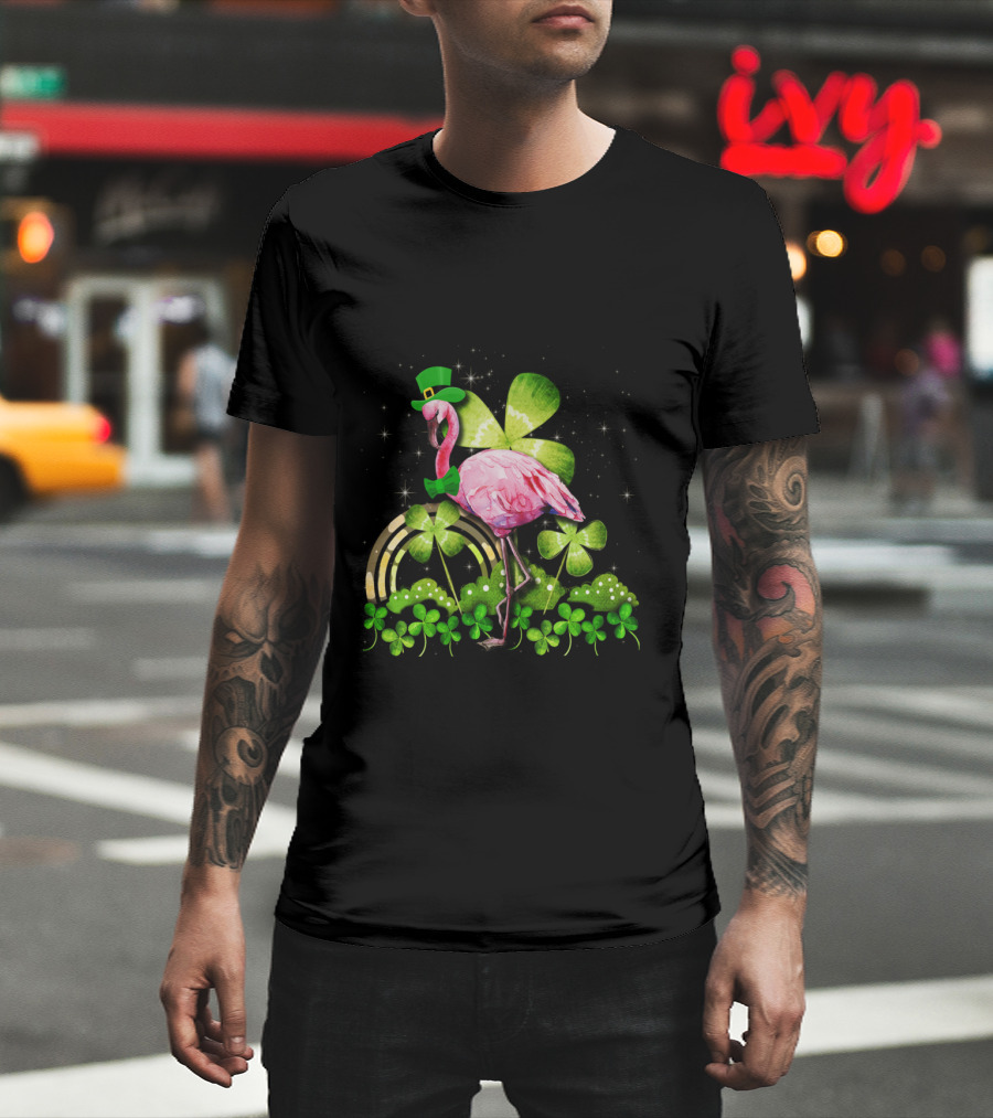 Flamingo St Patrick Day Shamrocks Leprechaun Rainbow Bowtie Sparkles T-Shirt