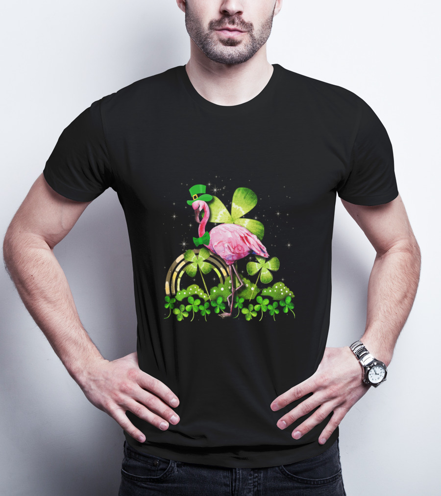 Flamingo St Patrick Day Shamrocks Leprechaun Rainbow Bowtie Sparkles T-Shirt