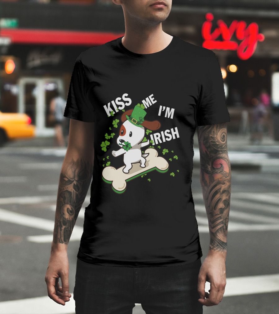 Kiss Me I'm Irish Jack Russell Dog With Lucky Shamrock And Hat On Bone T-Shirt
