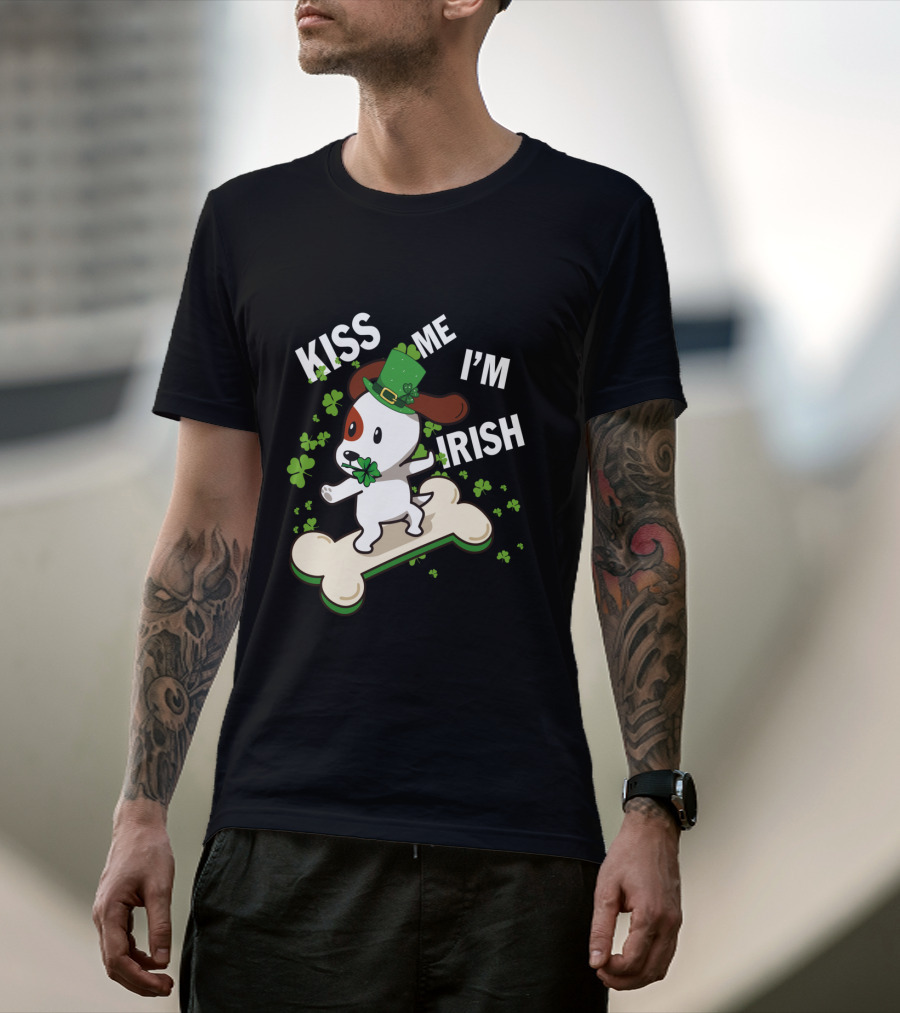 Kiss Me I'm Irish Jack Russell Dog With Lucky Shamrock And Hat On Bone T-Shirt