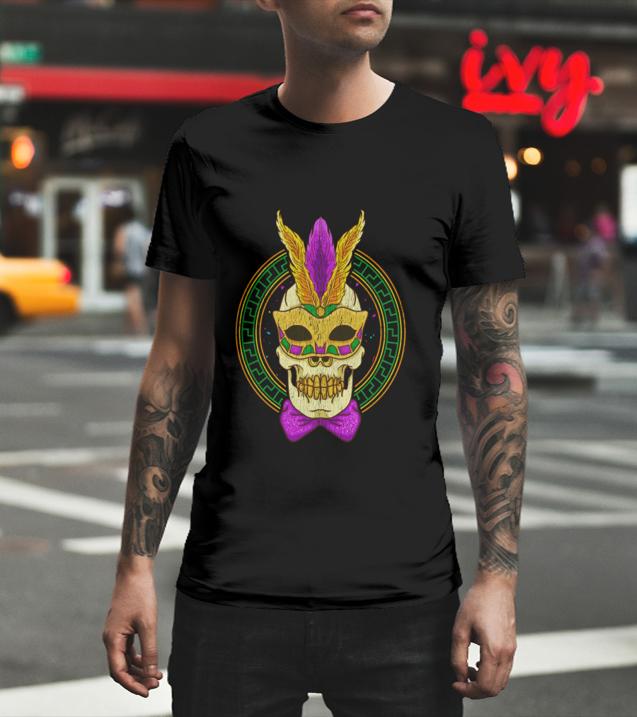 Mardi Gras Feathered Skull Mask With Colorful Bowtie T-Shirt