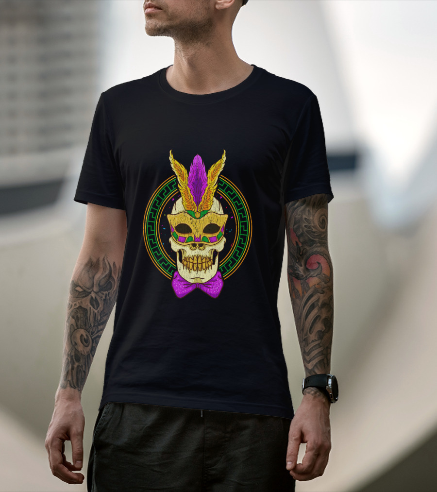 Mardi Gras Feathered Skull Mask With Colorful Bowtie T-Shirt