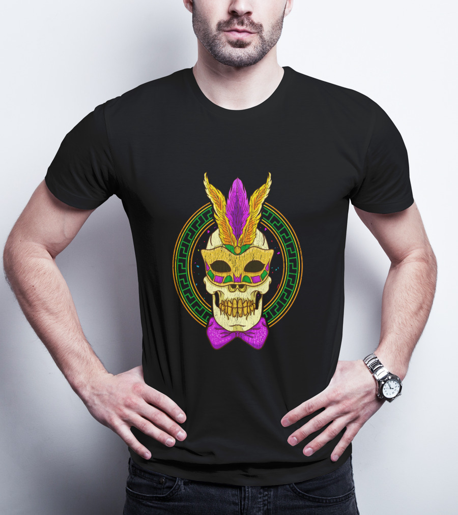 Mardi Gras Feathered Skull Mask With Colorful Bowtie T-Shirt