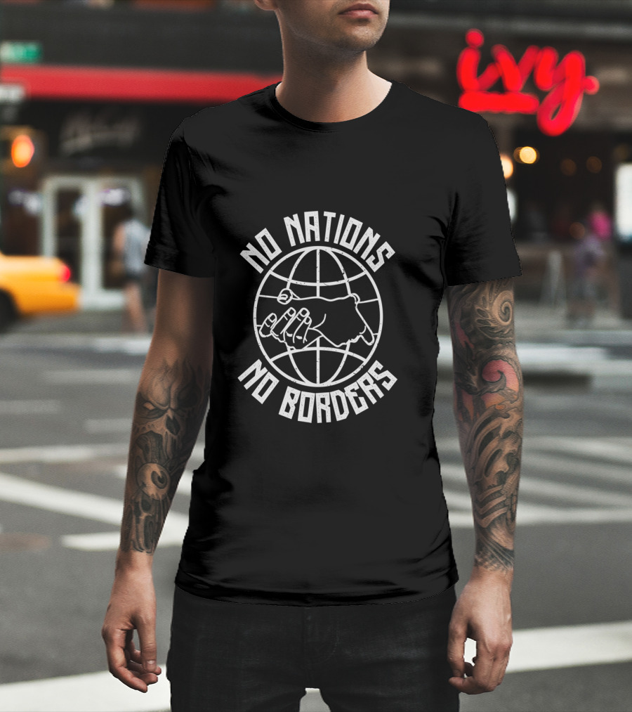 No Nations No Borders Globe With Handshake Stop Deportations T-Shirt