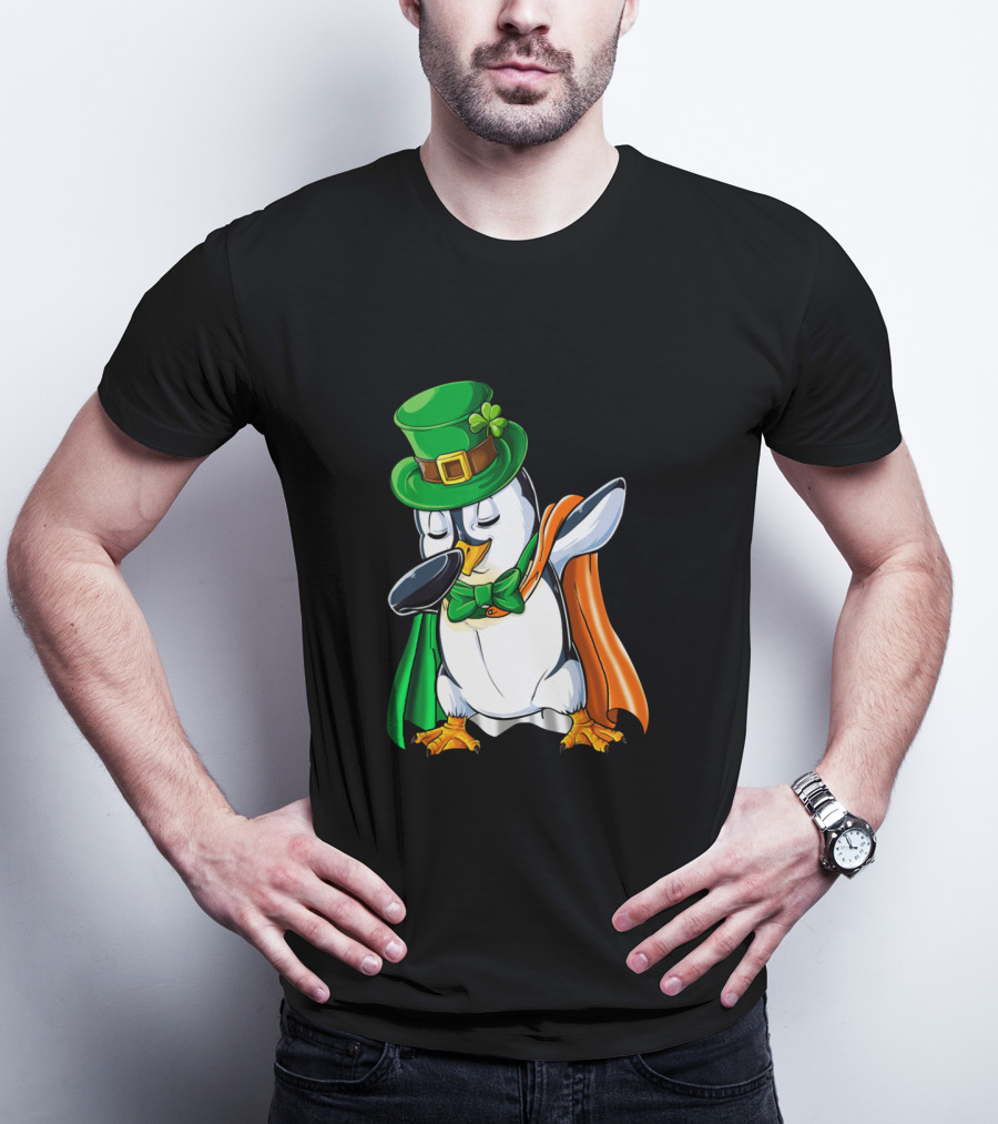 Penguin Dabbing Leprechaun Hat Irish Flag Cape T-Shirt