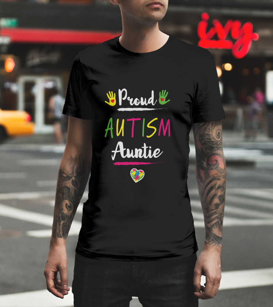 Proud Autism Auntie Colorful Heart Handprints Autism Awareness Day T-Shirt
