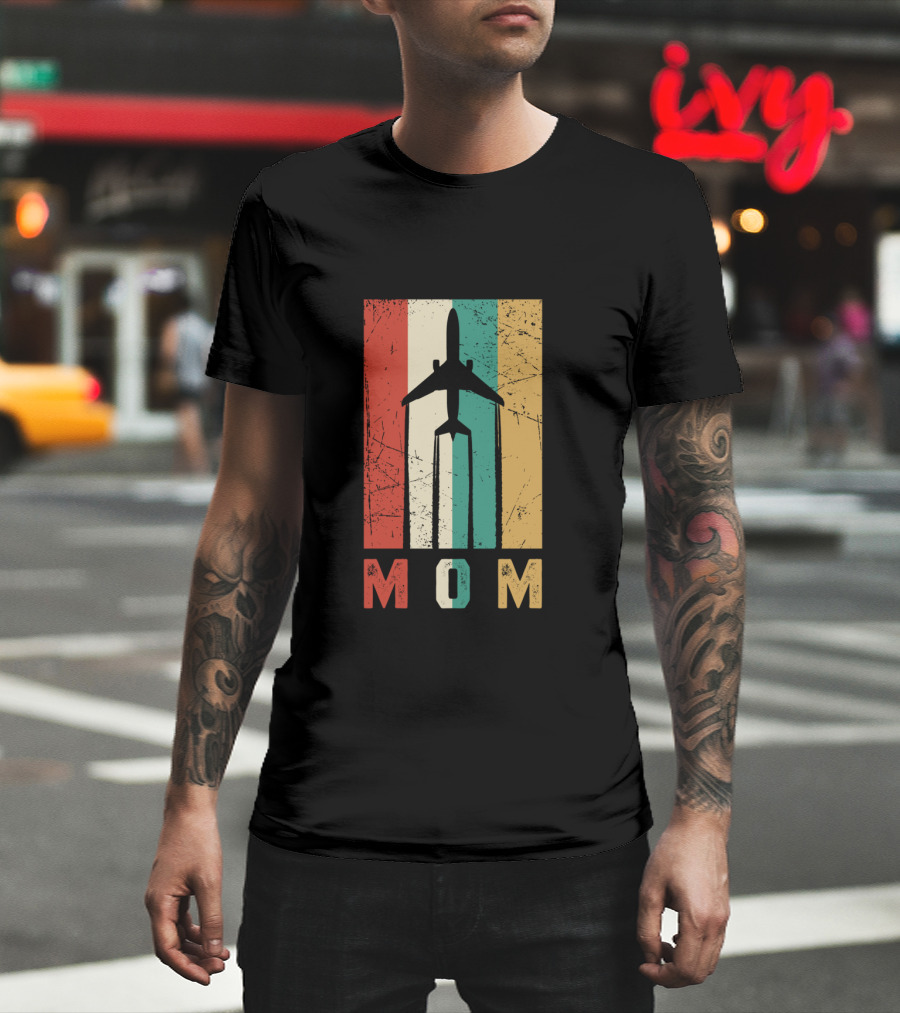 Mom Airplane Retro Vintage Pilot Stripe T-Shirt