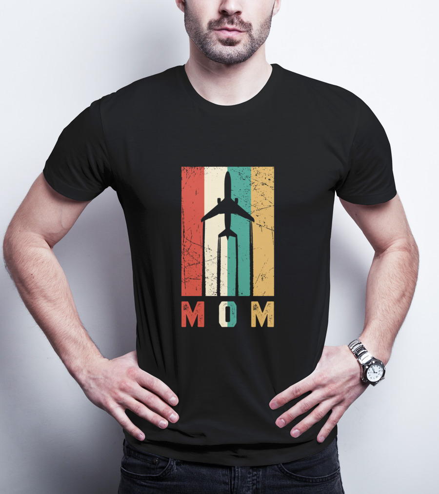 Mom Airplane Retro Vintage Pilot Stripe T-Shirt