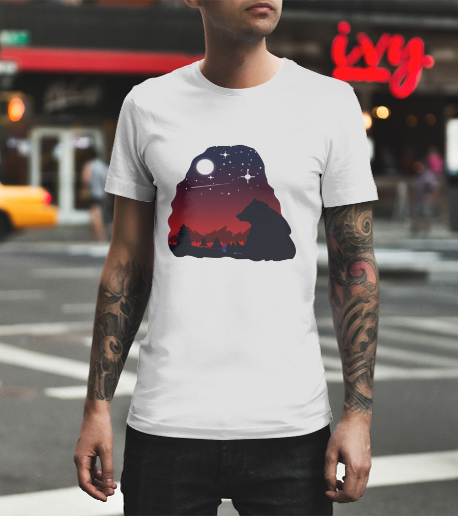 Bear Wildlife Animal Stargazing In Mountain Night Scene T-Shirt