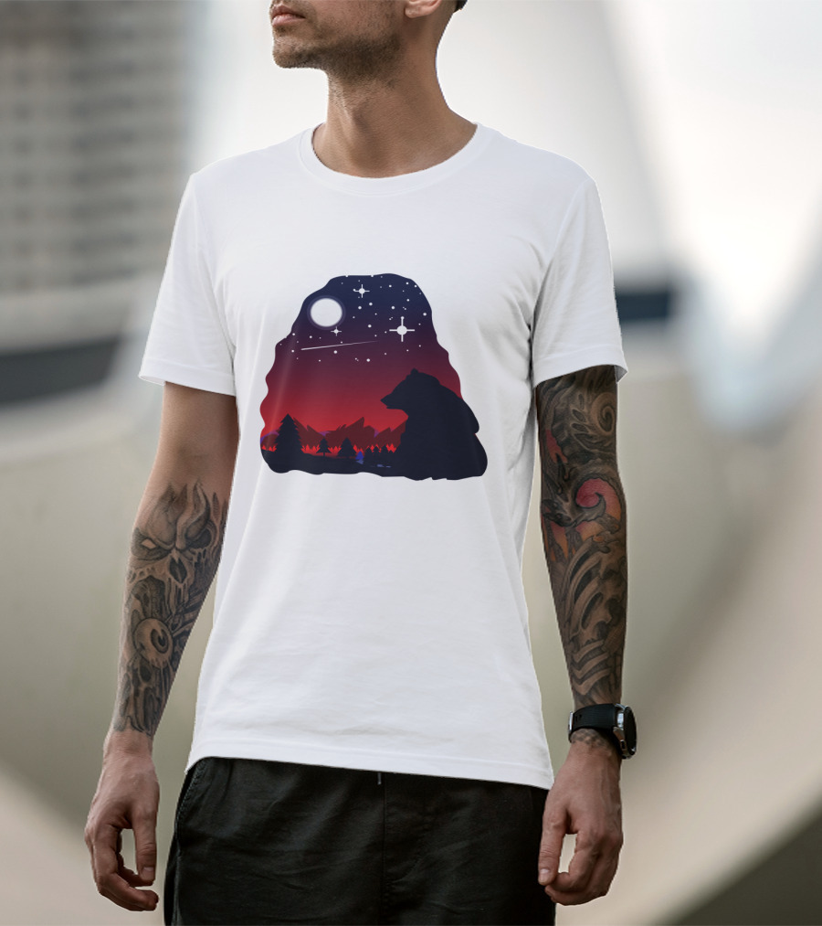 Bear Wildlife Animal Stargazing In Mountain Night Scene T-Shirt