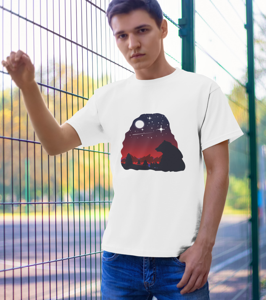 Bear Wildlife Animal Stargazing In Mountain Night Scene T-Shirt