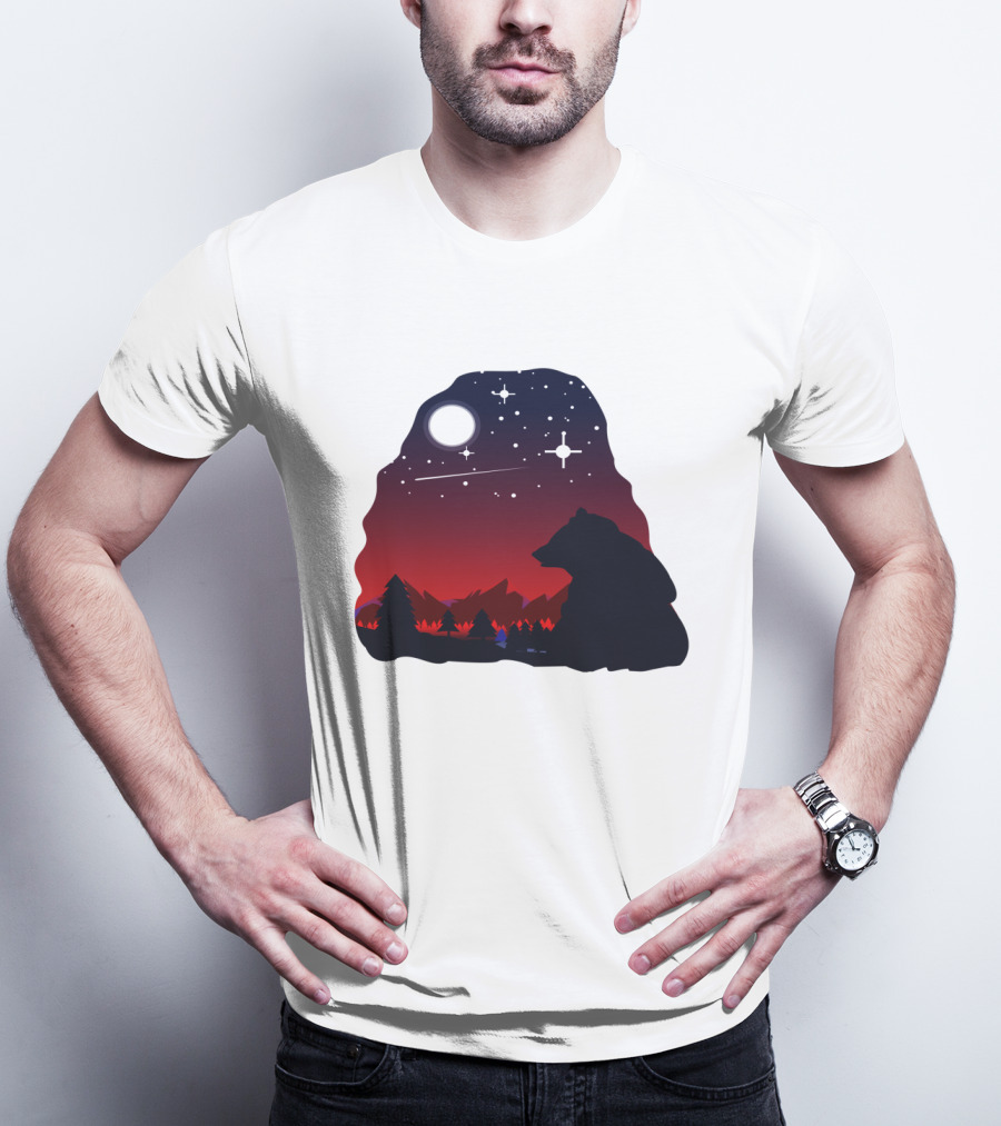 Bear Wildlife Animal Stargazing In Mountain Night Scene T-Shirt