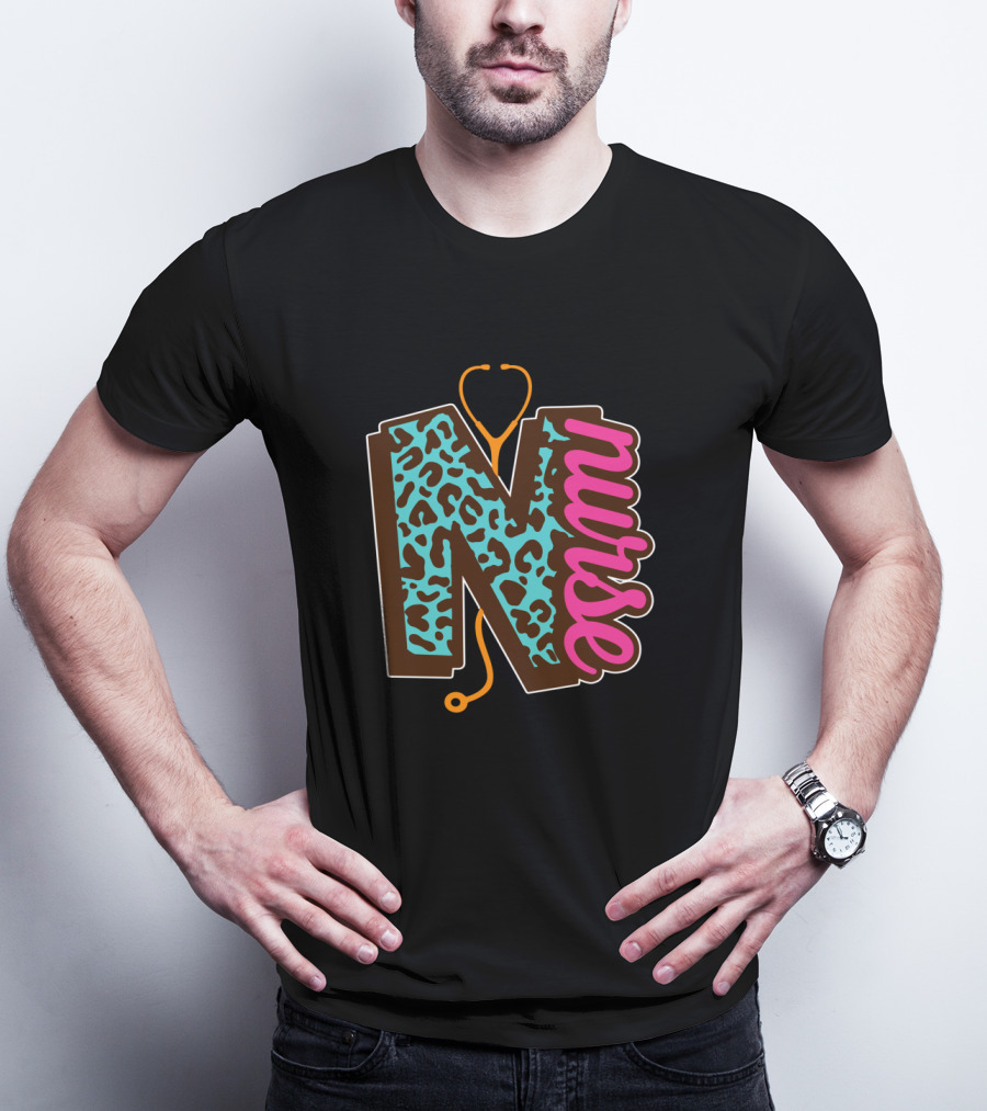 Nurse Leopard Print Stethoscope Lettering T-Shirt