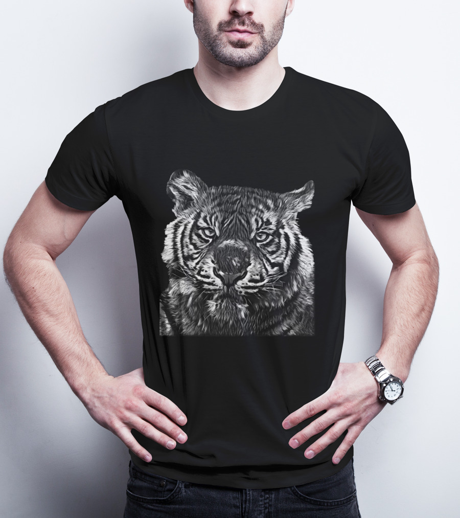 Tiger Large Cat Jungle Wildlife Black White T-Shirt