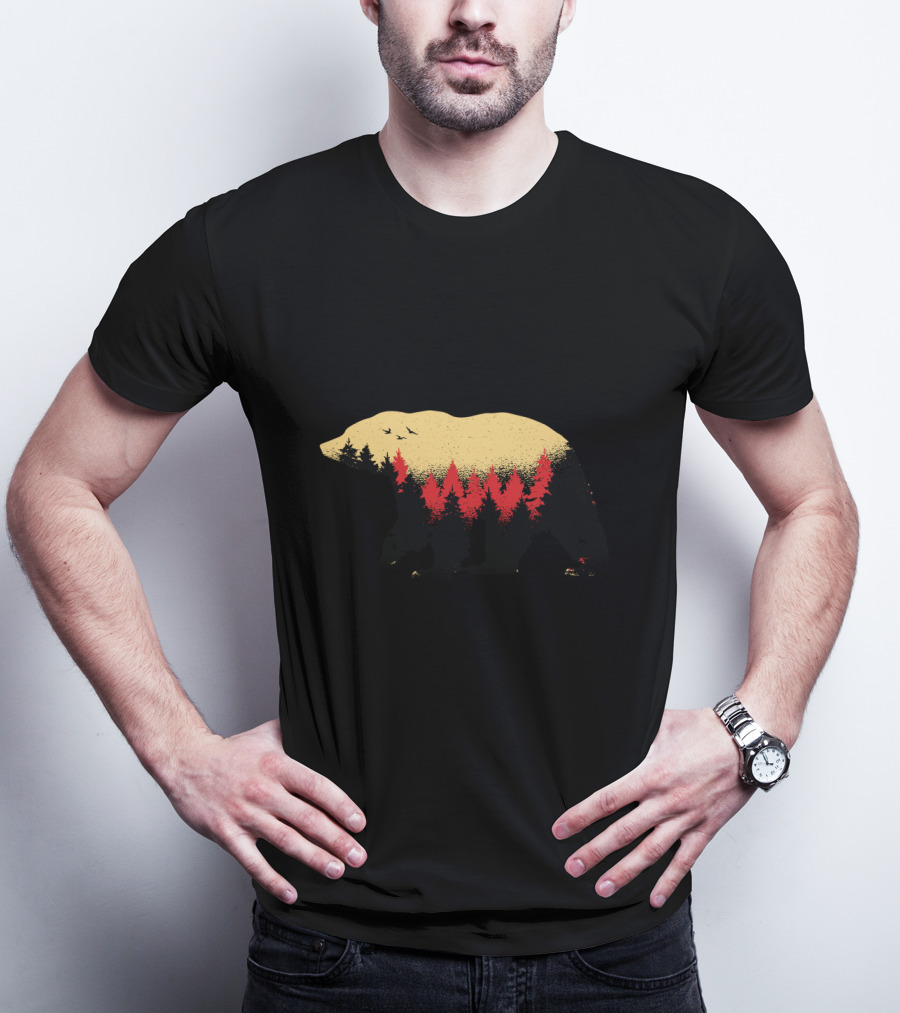 Wildlife Bear And Forest Silhouette With Trees And Birds T-Shirt
