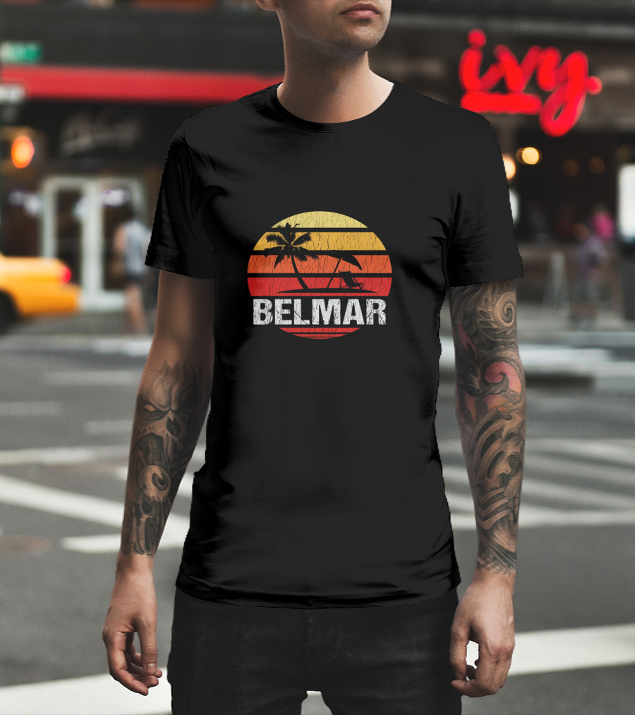 Belmar New Jersey Beach Palm Tree Sunset Vintage Surfing Scene T-Shirt