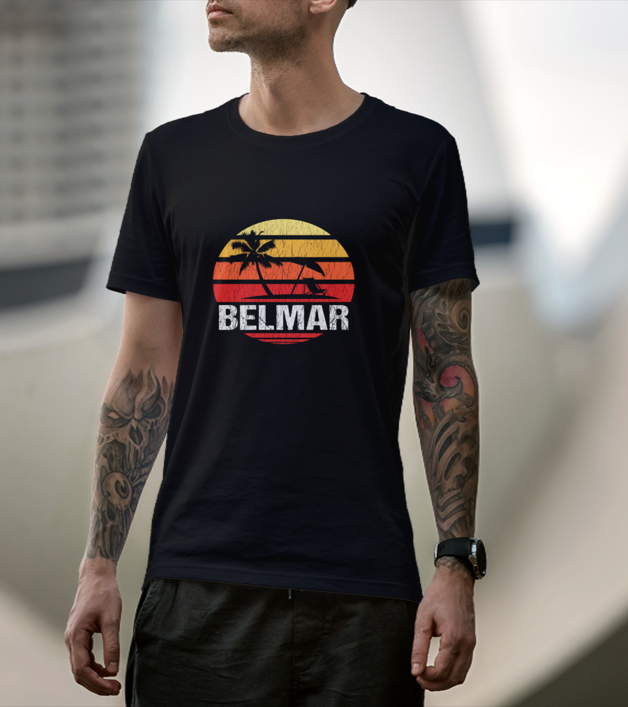 Belmar New Jersey Beach Palm Tree Sunset Vintage Surfing Scene T-Shirt