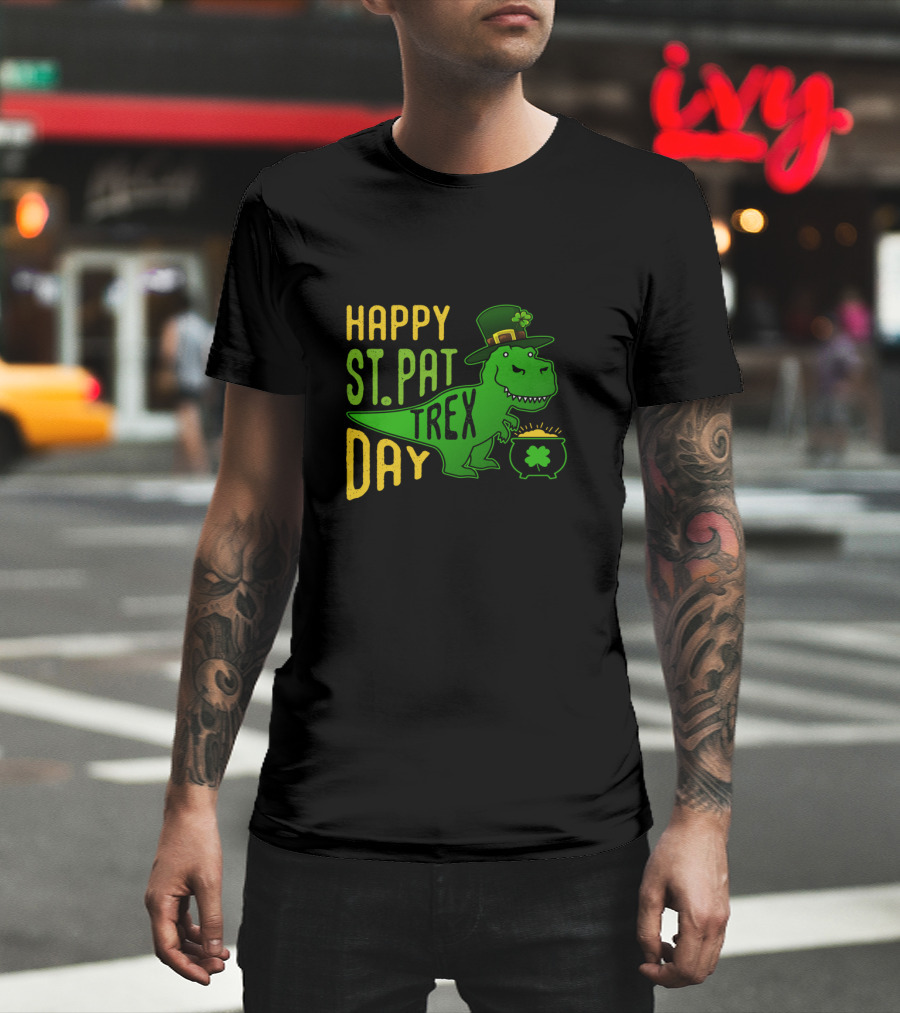 Happy St Pat Day T-Rex Dinosaur With Hat And Pot Of Gold T-Shirt