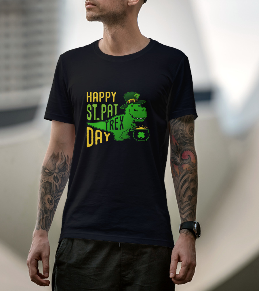 Happy St Pat Day T-Rex Dinosaur With Hat And Pot Of Gold T-Shirt