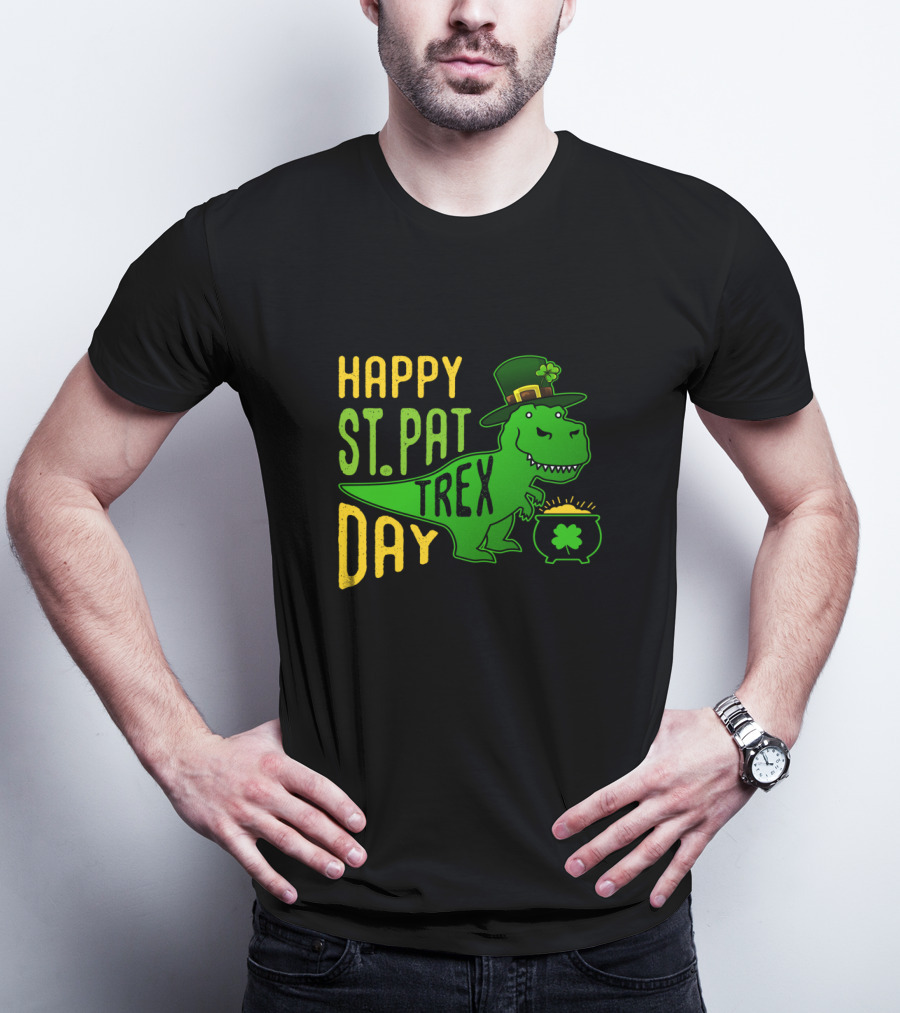 Happy St Pat Day T-Rex Dinosaur With Hat And Pot Of Gold T-Shirt