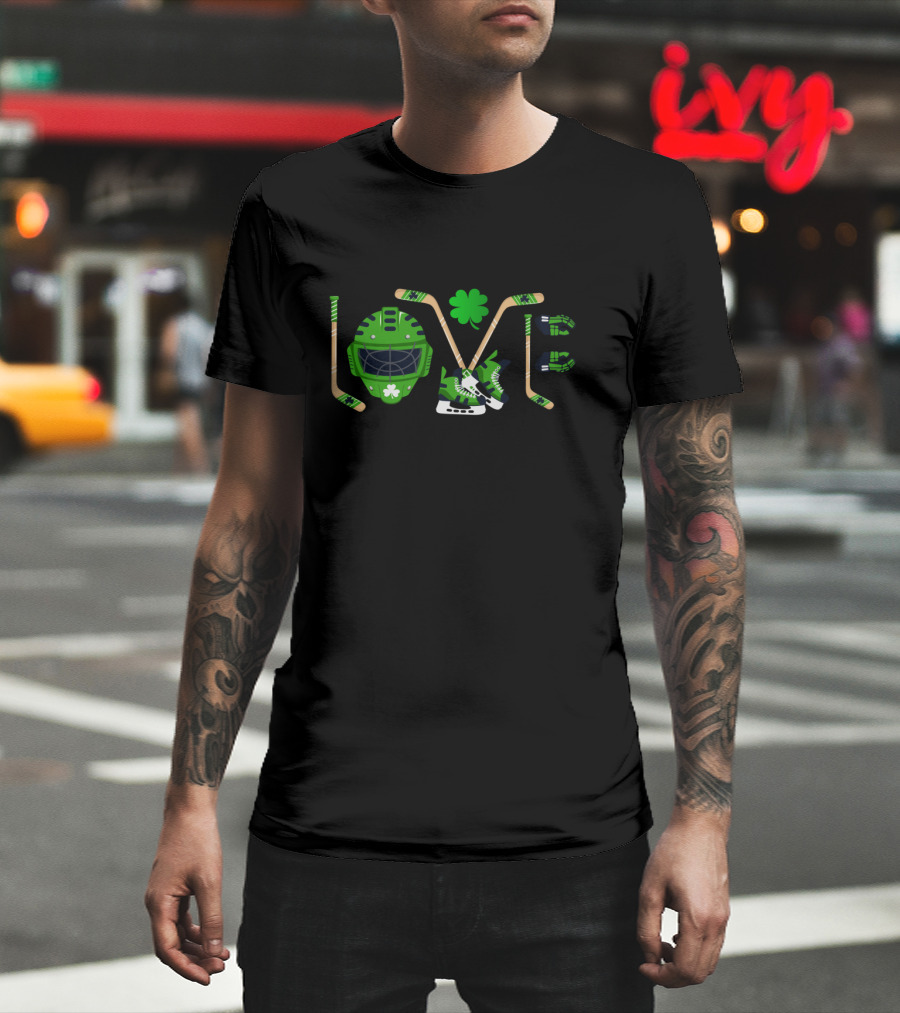 Love Hockey Sports Leprechaun Clover Helmet Sticks Skates Gloves T-Shirt