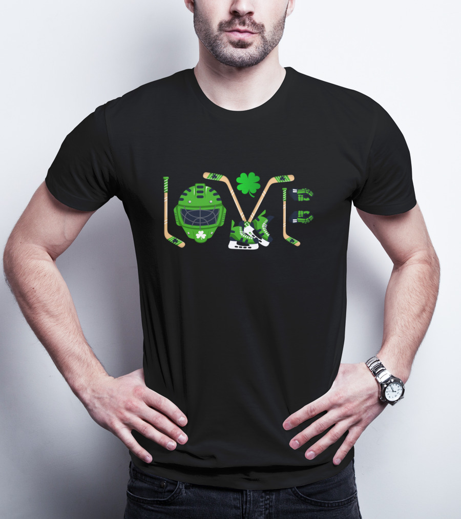 Love Hockey Sports Leprechaun Clover Helmet Sticks Skates Gloves T-Shirt
