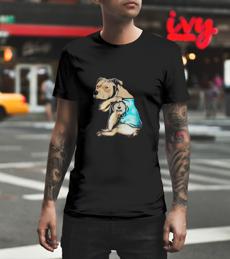 Pit Bull I Love Mom Tattooed Dog In Blue T-Shirt