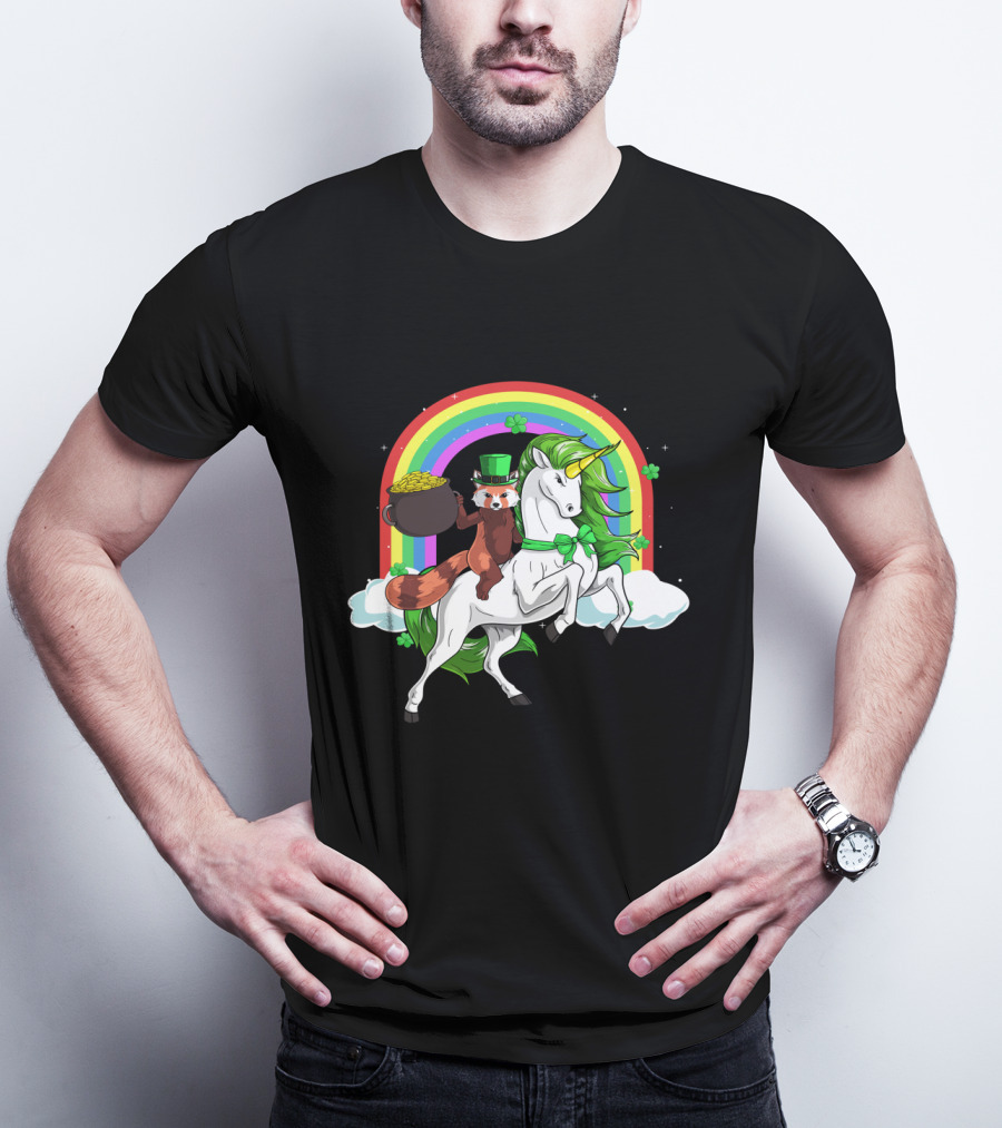 Red Panda Holding Gold On Lepricorn Unicorn With Rainbow T-Shirt