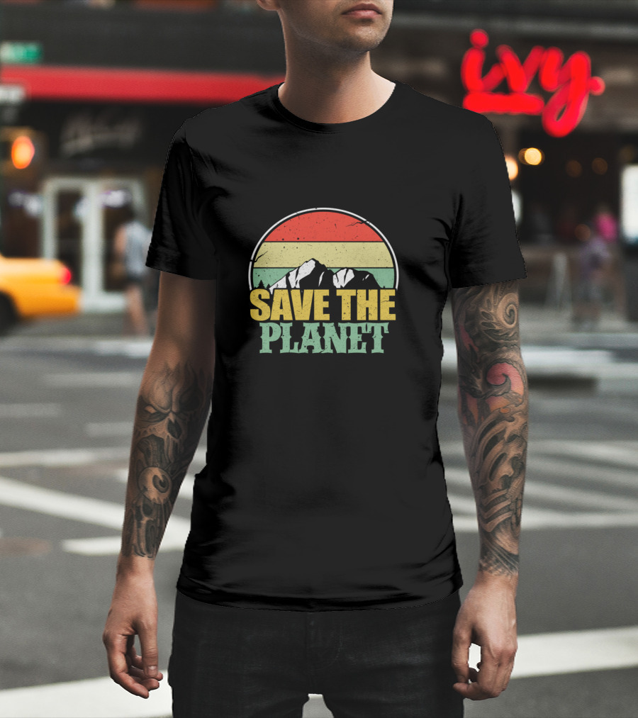 Save The Planet Earth Day Mountain Vintage Retro Sunset T-Shirt