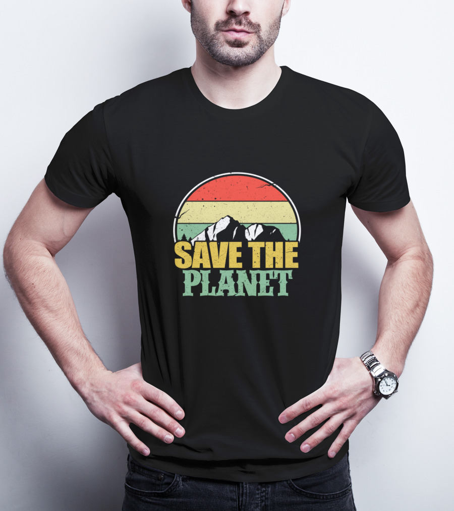 Save The Planet Earth Day Mountain Vintage Retro Sunset T-Shirt