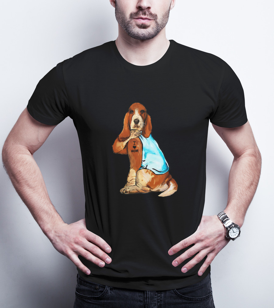 Basset Hound I Love Mom Tattoo Sitting T-Shirt