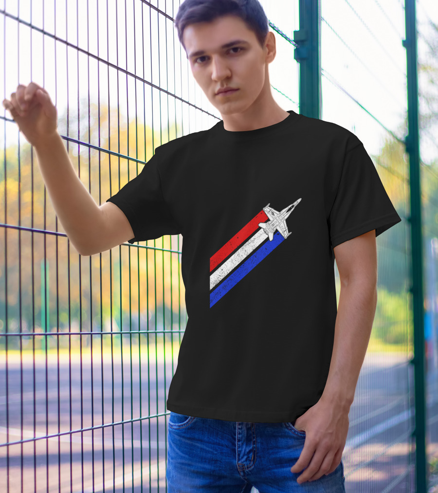 F18 Hornet Airplane Schematic Red White Blue Vintage Stripes T-Shirt