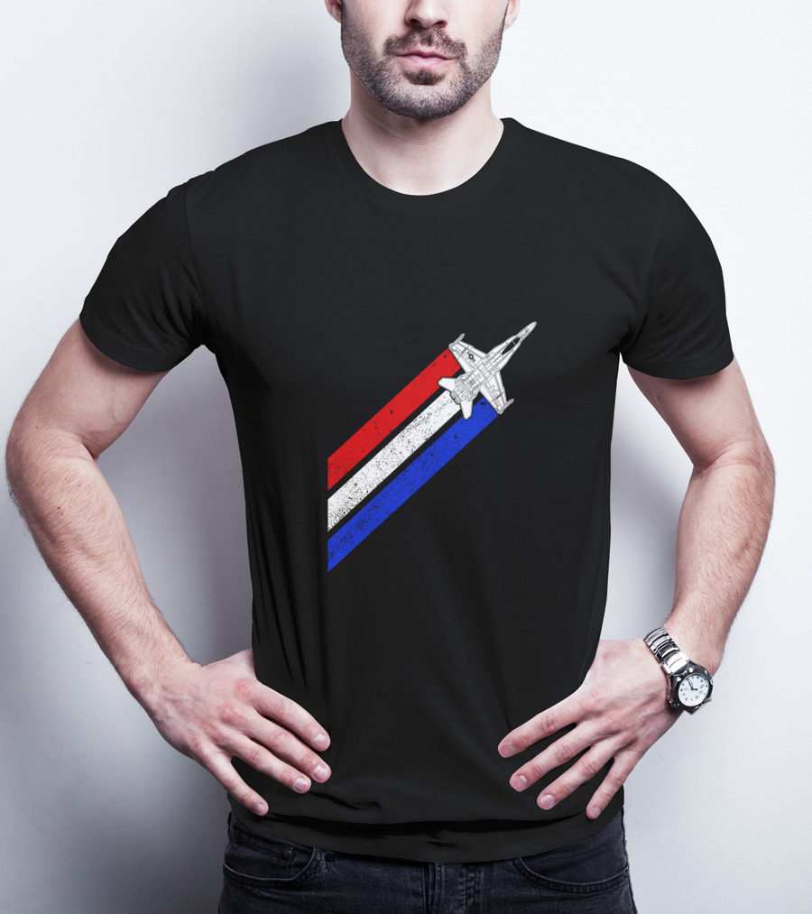 F18 Hornet Airplane Schematic Red White Blue Vintage Stripes T-Shirt
