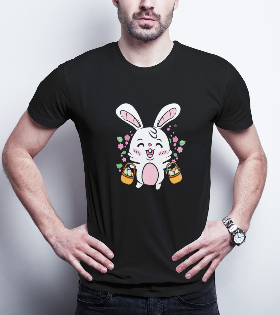 Kids Easter Bunny With Baskets Cute Egg Hunt Colorful Spring Flowers T-Shirt