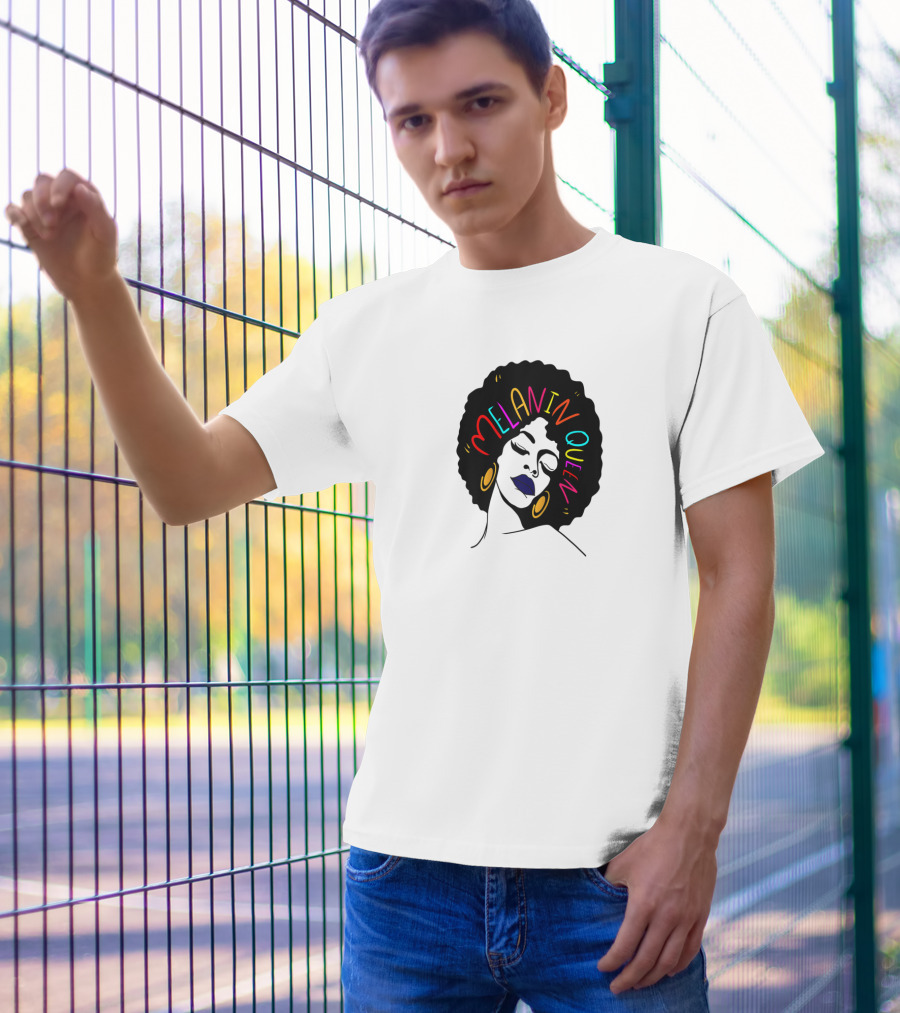 Melanin Queen Afro American Afro Latina Proud Black Woman Raglan Afro Hairstyle Bold Colors Gold Hoop Earrings T-Shirt