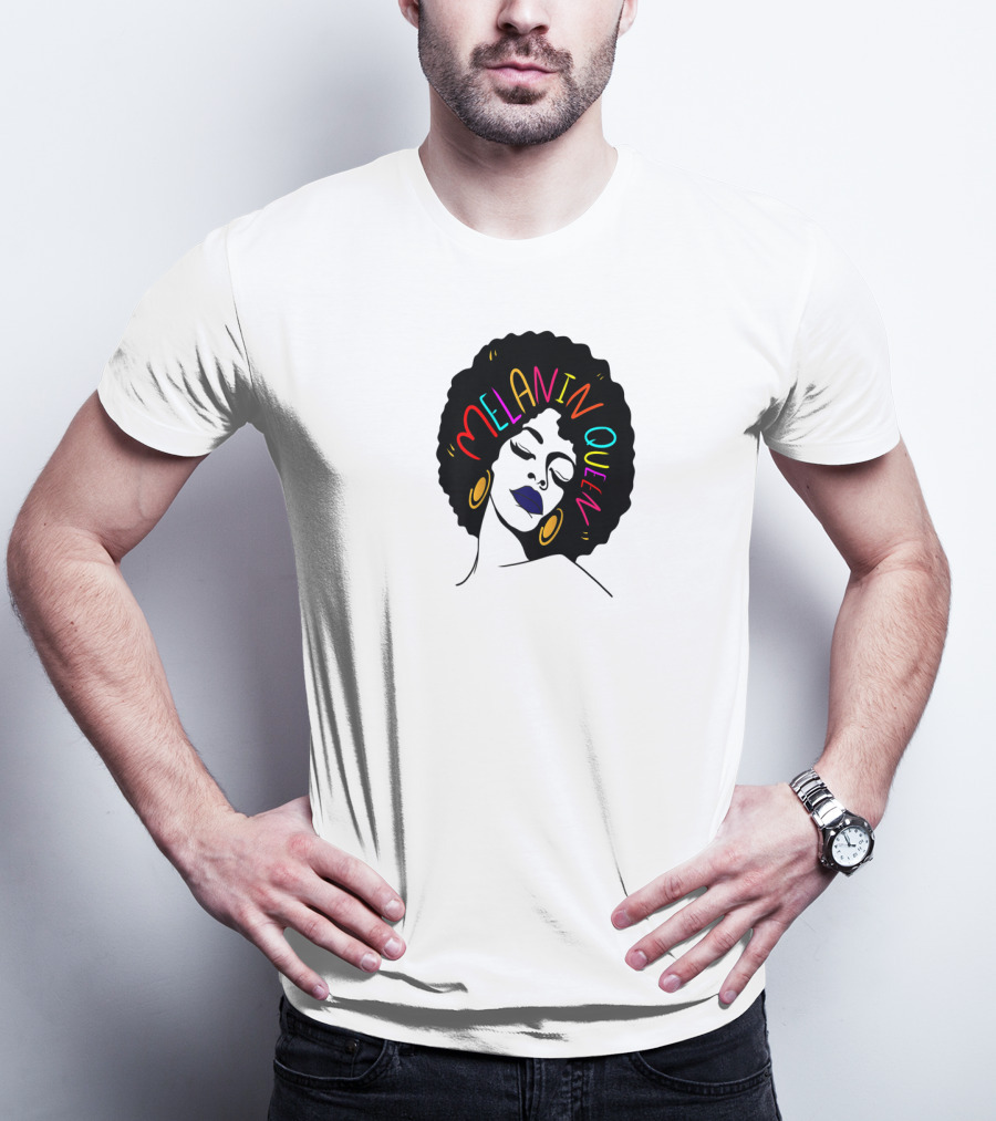 Melanin Queen Afro American Afro Latina Proud Black Woman Raglan Afro Hairstyle Bold Colors Gold Hoop Earrings T-Shirt